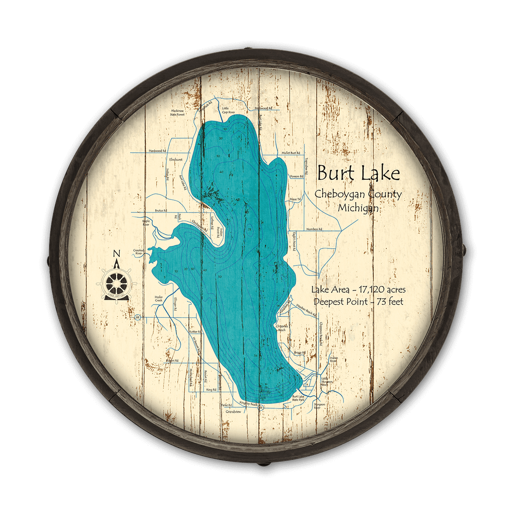 Burt Lake, Michigan on a Barrel End – Old Wood Signs Wholesale