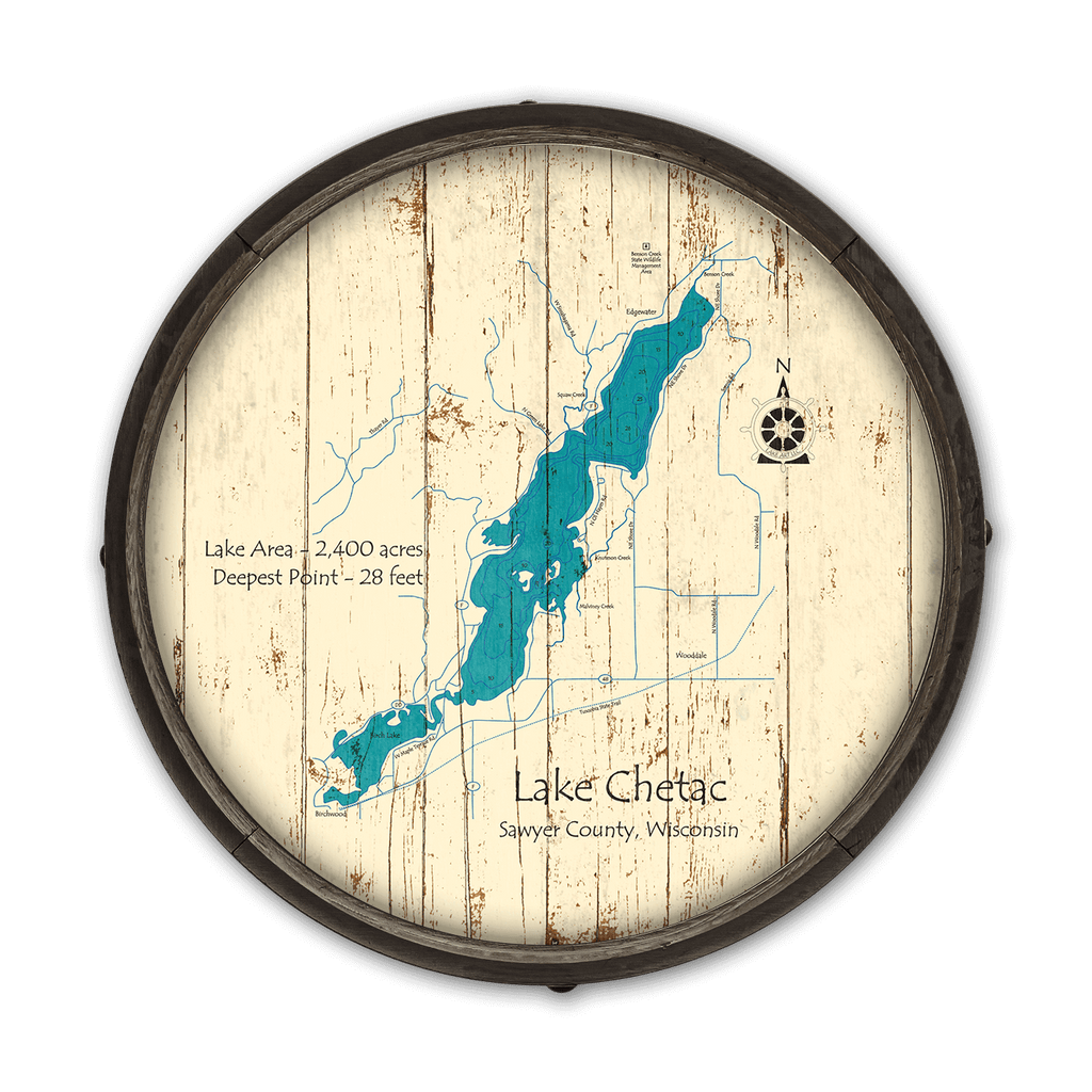 Lake Chetac, Wisconsin on a Barrel End – Old Wood Signs Wholesale