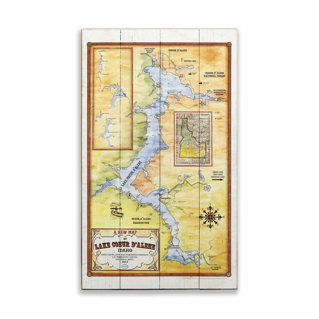 Lake Coeur D'Alene: Illustrated Map - Wood & Metal Wall Art – Old Wood ...