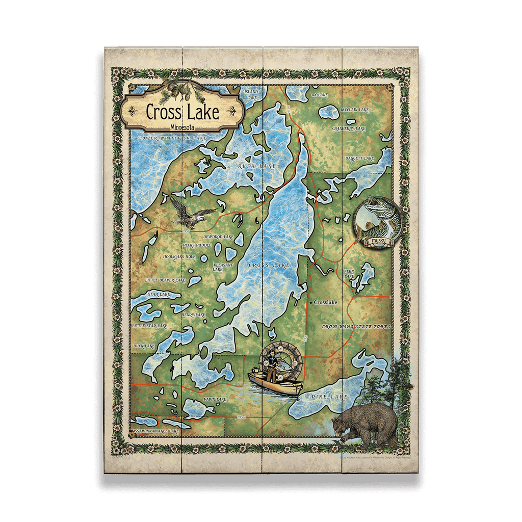 Cross Lake, Minnesota: Illustrated Map - Wood & Metal Wall Art – Old ...