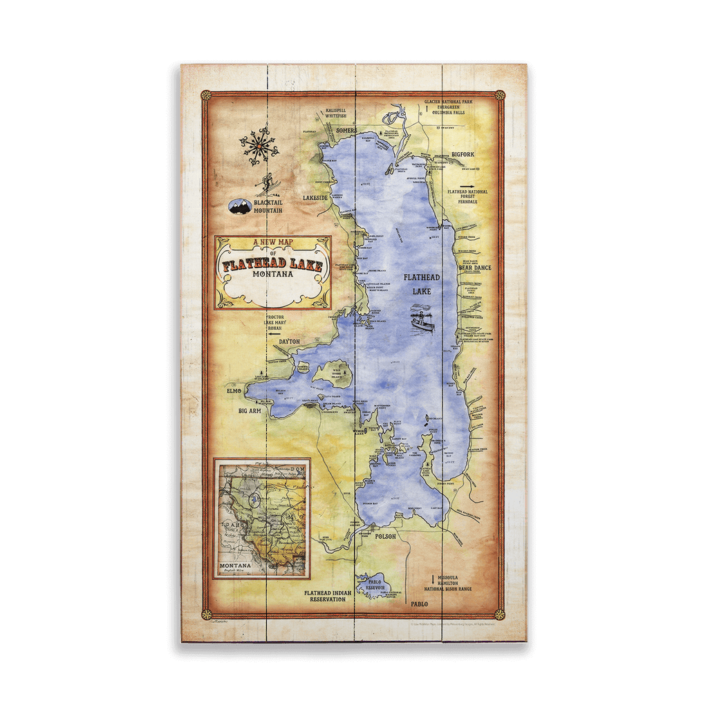 A New Map of Flathead Lake, Montana - Wood & Metal Wall Art – Old Wood ...