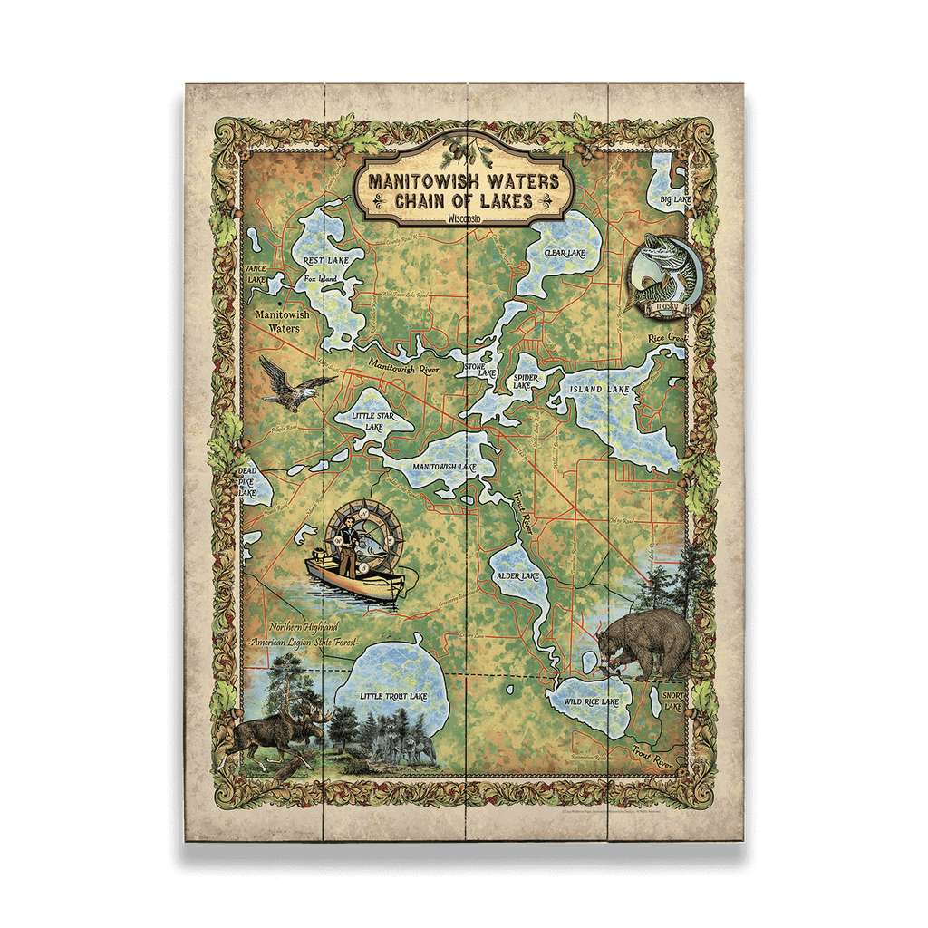 Manitowish Chain of Lakes: Illustrated Map - Wood & Metal Wall Art ...