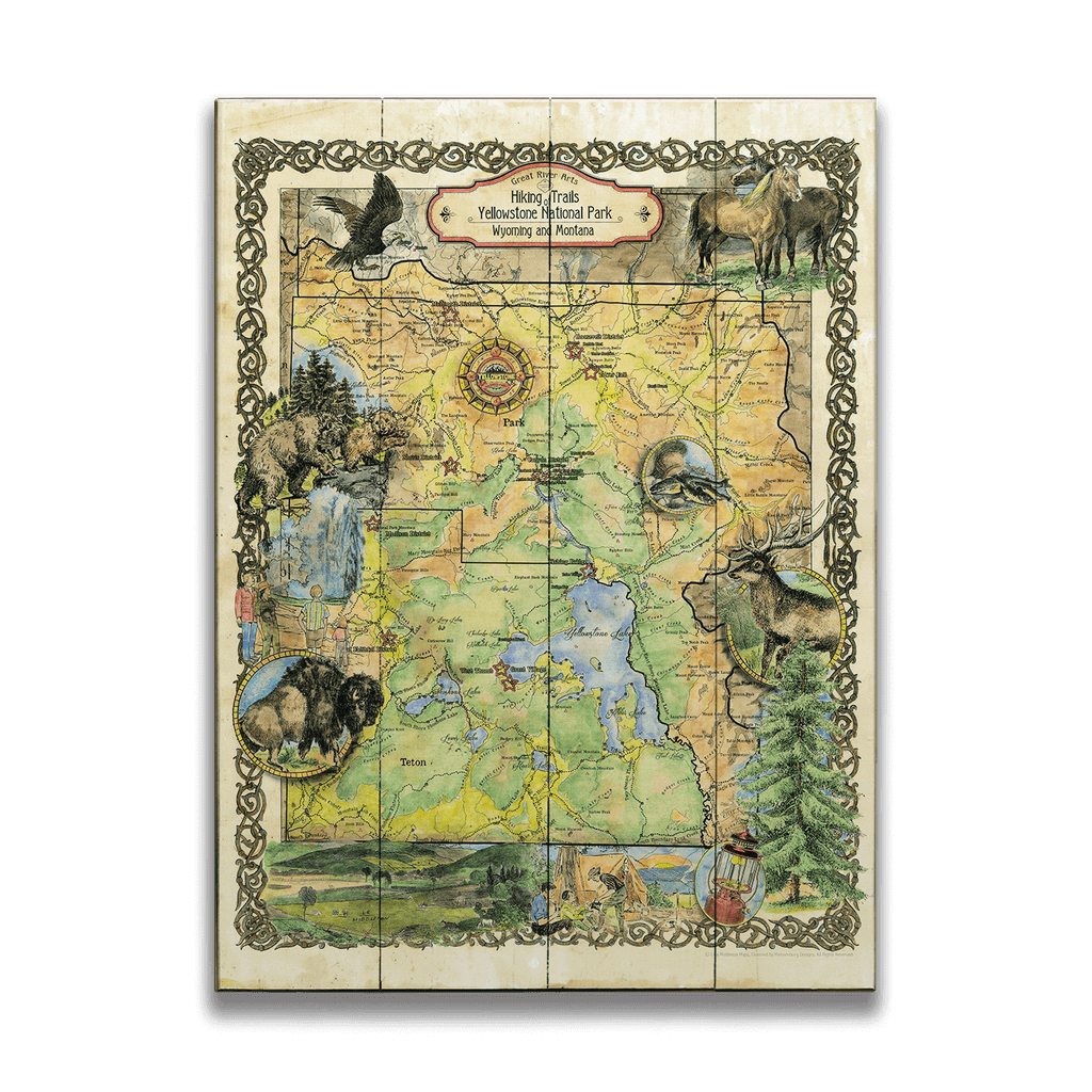 Yellowstone Hiking Trails: Illustrated Map - Wood & Metal Wall Art ...